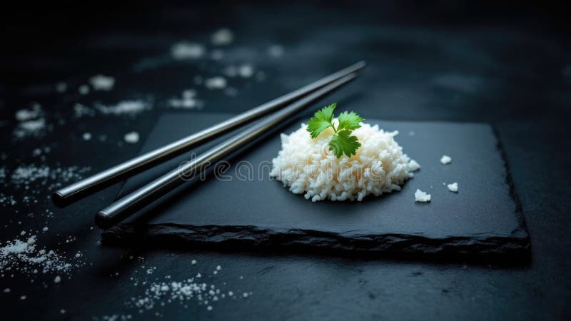 Gourmet Presentation of Cooked Rice with Chopsticks on Slate Plate ...