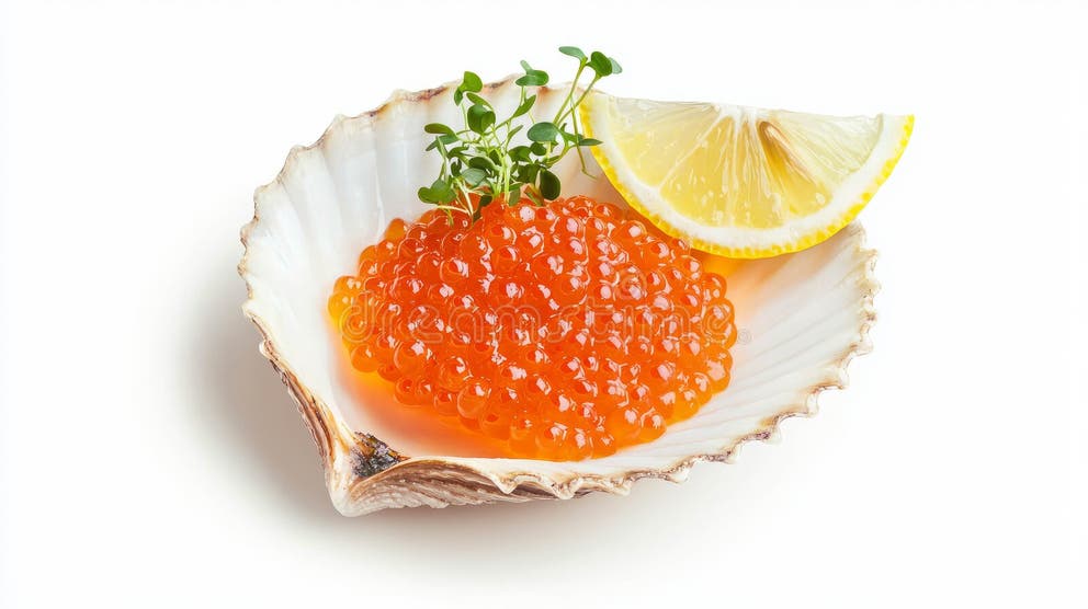 Gourmet Presentation of Red Caviar on Scallop Shell with Lemon Slice ...