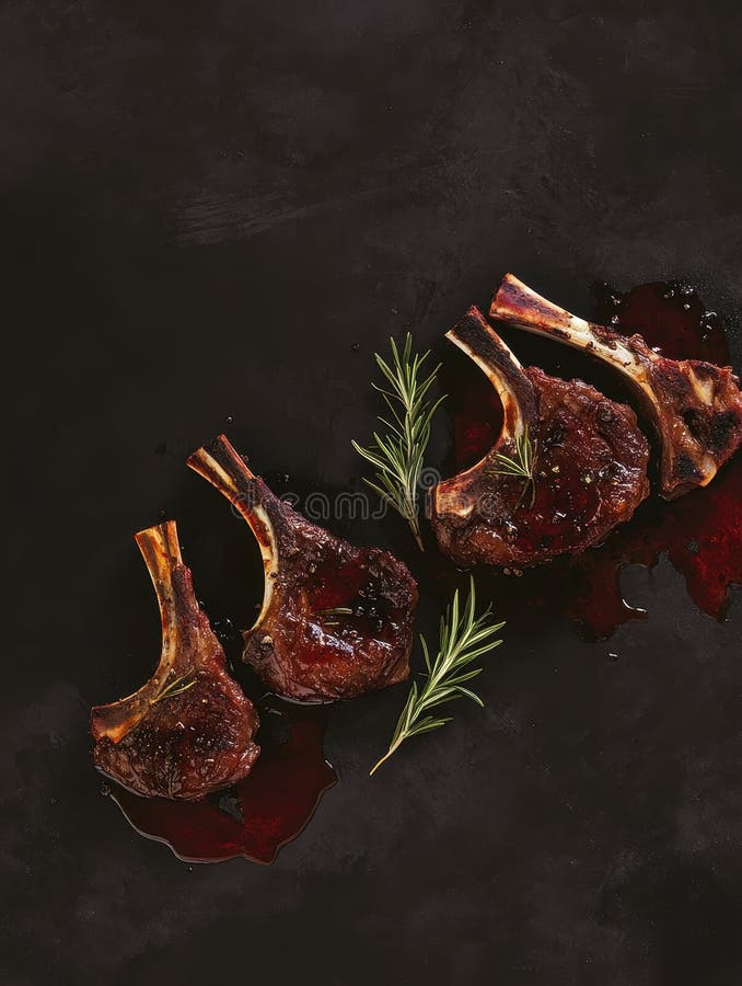 A Gourmet Presentation of Three Lamb Chops Garnished with Rosemary on a ...