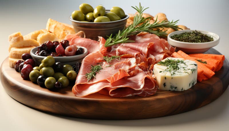 Gourmet Prosciutto, Olive, and Fruit on a Rustic Bread Generated by AI ...