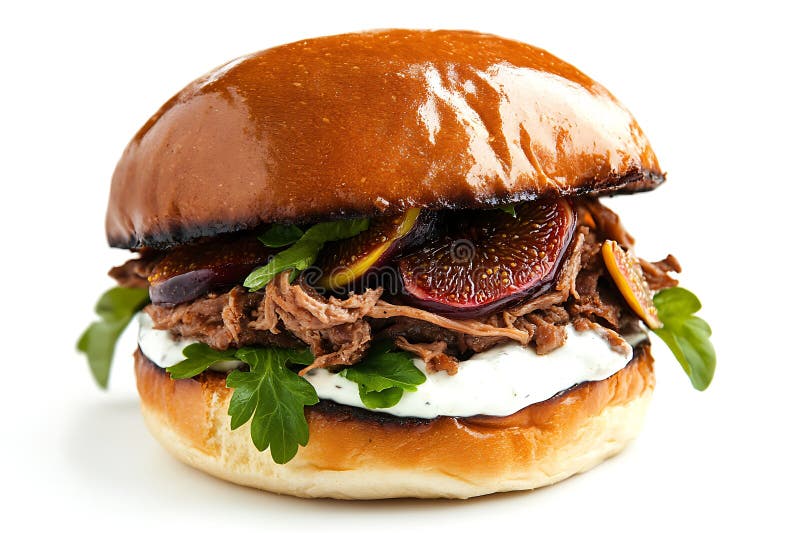 Gourmet Pulled Beef Burger with Figs and Creamy Sauce Stock ...
