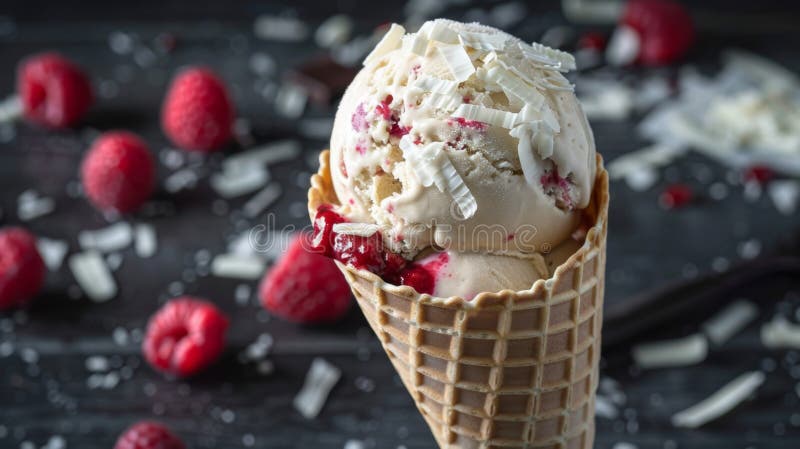 Gourmet Raspberry Ripple Ice Cream Scoop in Waffle Cone Stock Image ...
