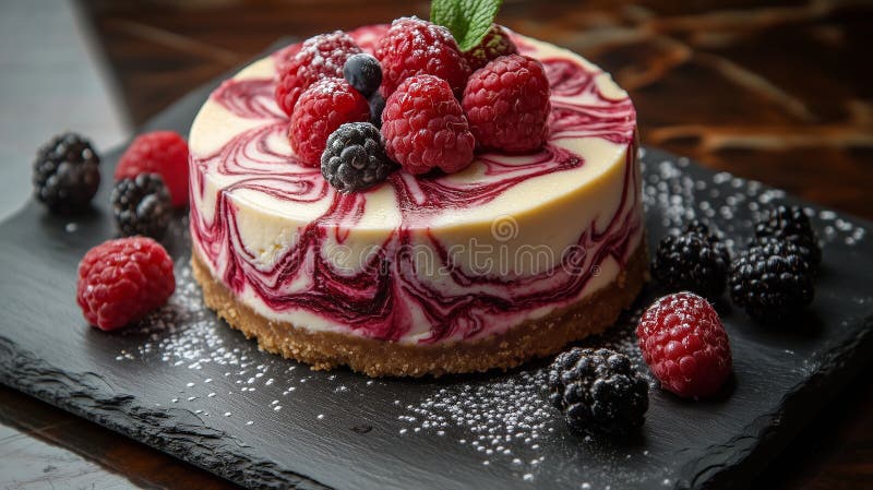 Gourmet Raspberry Swirl Cheesecake on Slate Stock Image - Image of ...