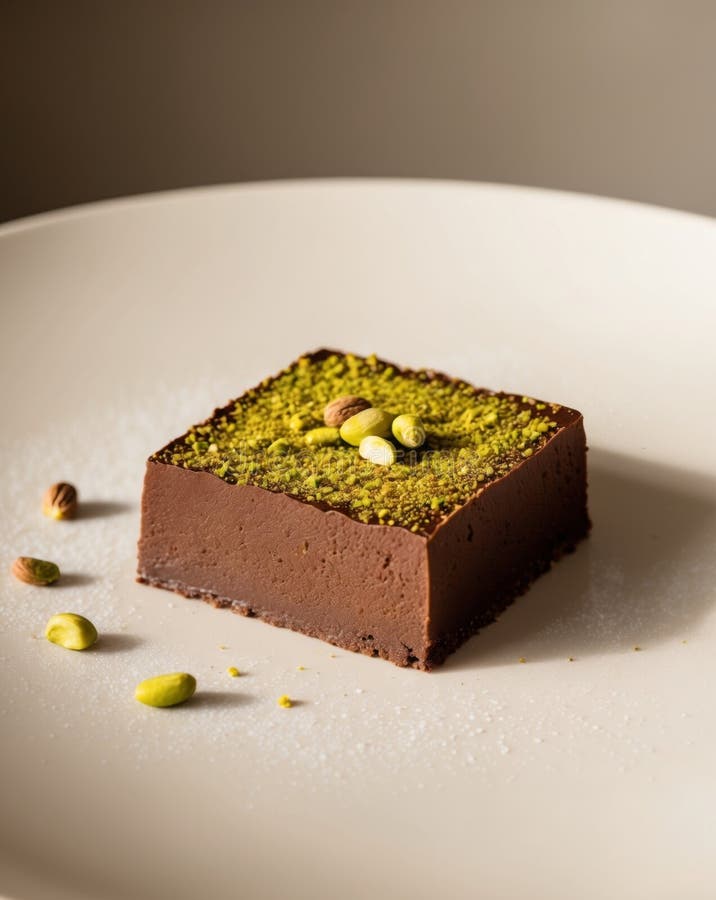 Gourmet Rectangular Chocolate Dessert with Green Pistachio Topping on a ...