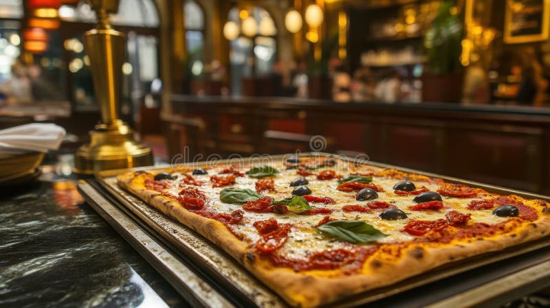 Gourmet Rectangular Pizza with Olives and Basil in Elegant Italian ...