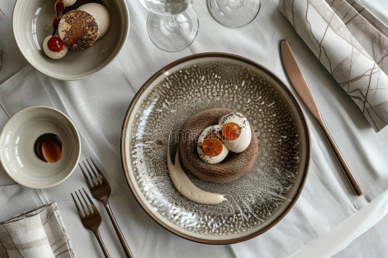 Gourmet Restaurant Flat Lay with Mocha Mousse Plates and Elegant Table ...