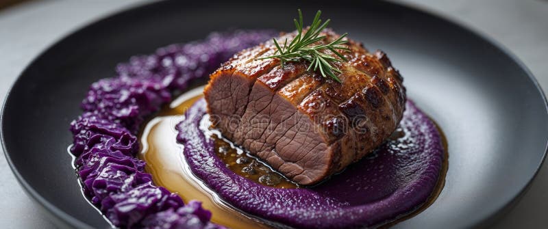 Gourmet Roasted Meat Dish on Purple Cabbage Puree Stock Photo - Image ...