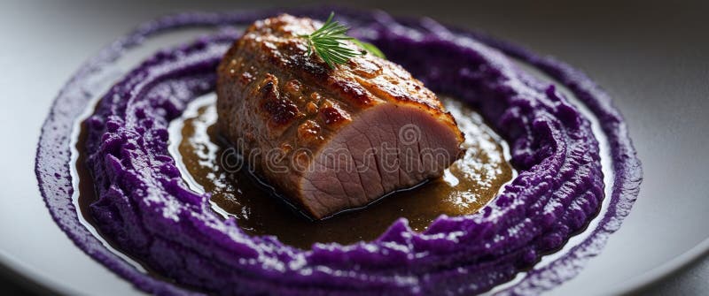 Gourmet Roasted Meat Dish on Purple Cabbage Puree. Stock Photo - Image ...