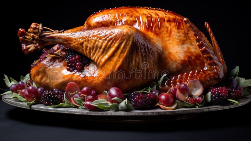 Gourmet Roasted Turkey on Platter with Berries and Greenery Stock ...