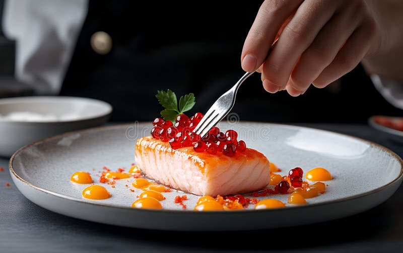 Gourmet Salmon Dish with Roe and Citrus Sauce on Elegant Plate Stock ...
