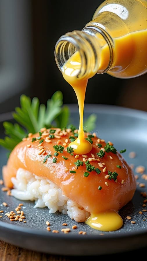 Gourmet Salmon Nigiri with Yellow Sauce Drizzle on Plate Stock Photo ...
