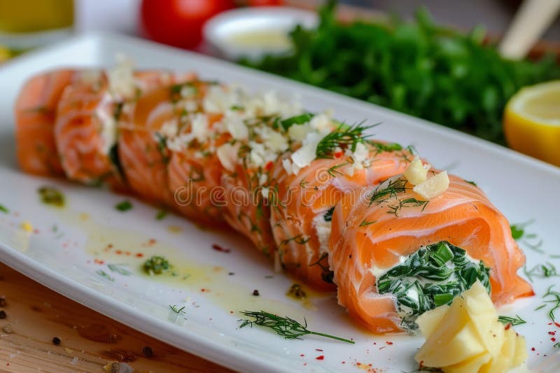 Gourmet Salmon Roll on Slate Serving Board. Artificial Intelligence ...