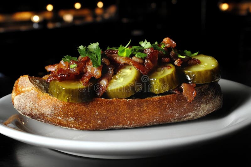 Gourmet Sandwich with Bacon, Pickles, and Cilantro on a Rustic Bread ...