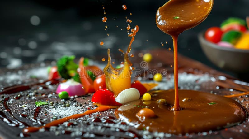 Gourmet Sauce Splash with Fresh Vegetables on Rustic Table Stock Image ...