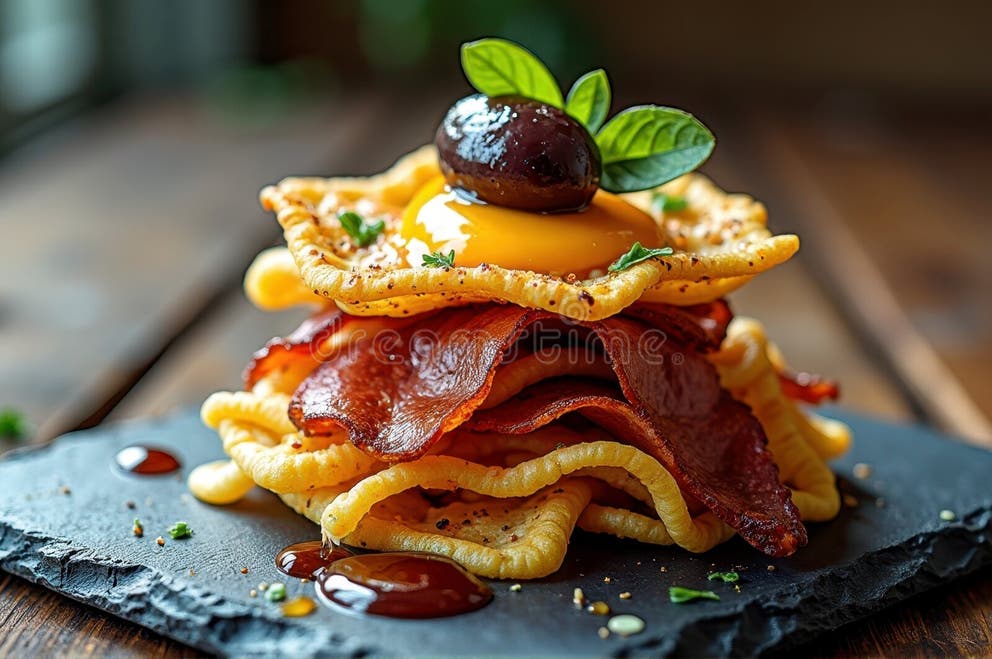 Gourmet Savory Pancake Stack with Bacon, Egg Yolk, Olive, and Fresh ...