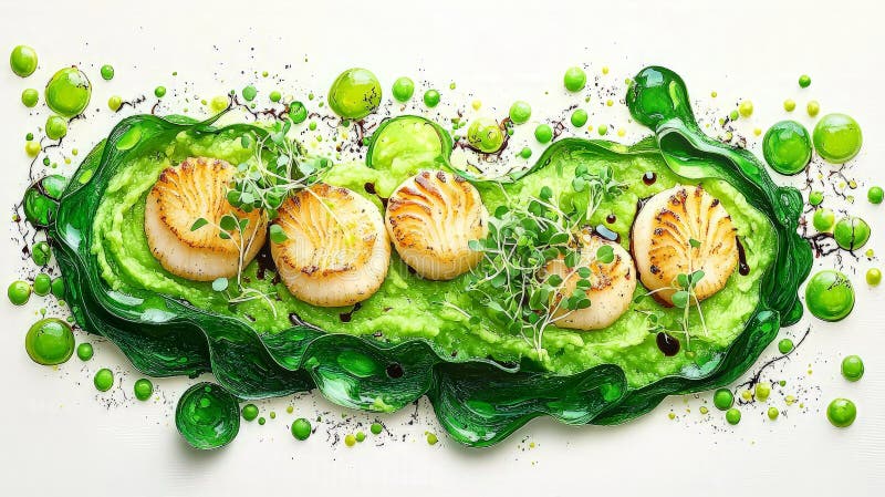 Gourmet Sea Scallops, Artistic Green Dish Stock Image - Image of ...