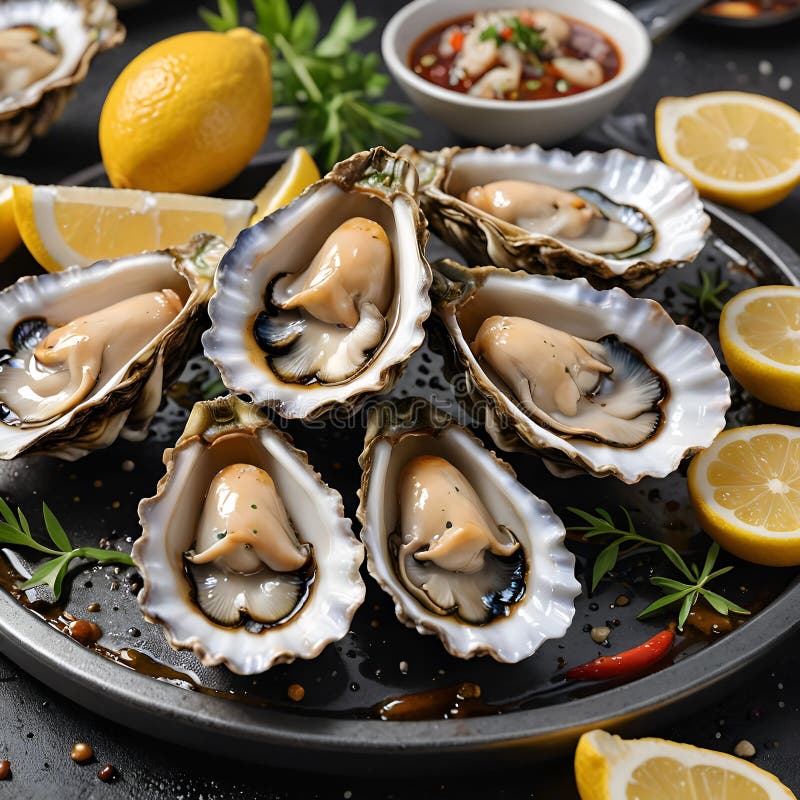 A Gourmet Seafood Display Featuring Oysters with Lemon and Decorative ...