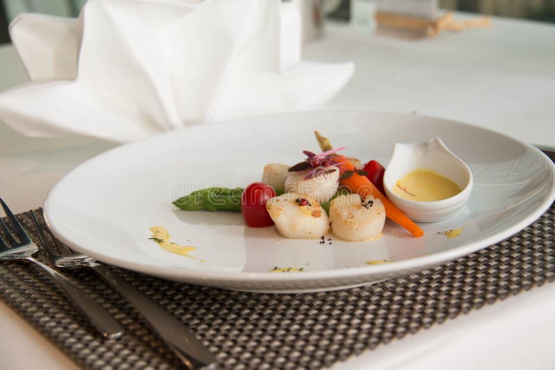 Gourmet Seared Scallops with Garnishes. Stock Image - Image of healthy ...