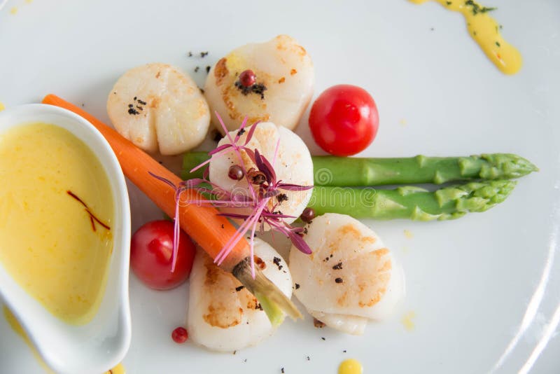 Gourmet Seared Scallops with Garnishes. Stock Photo - Image of dinner ...