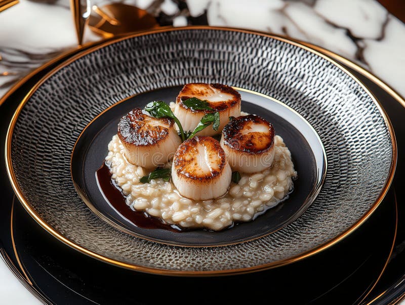 Gourmet Seared Scallops on Risotto. Stock Illustration - Illustration ...