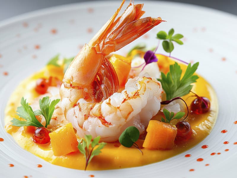 Gourmet Shrimp Dish with Mango and Herbs on Elegant Plate, Generative ...