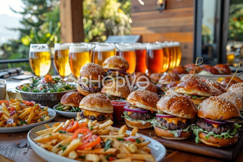 Gourmet Slider Burgers and Fries with Beer Sampler on Patio Table Stock ...
