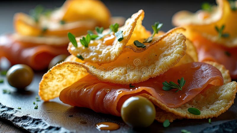 Gourmet Snack Arrangement with Crispy Chips, Prosciutto, and Olives on ...