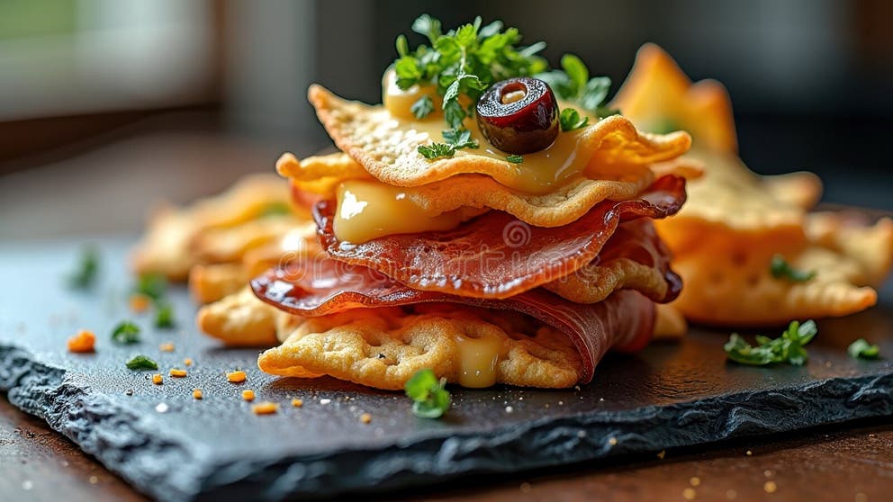 Gourmet Snack Stack with Cured Meat, Cheese, and Olives on Slate Stock ...