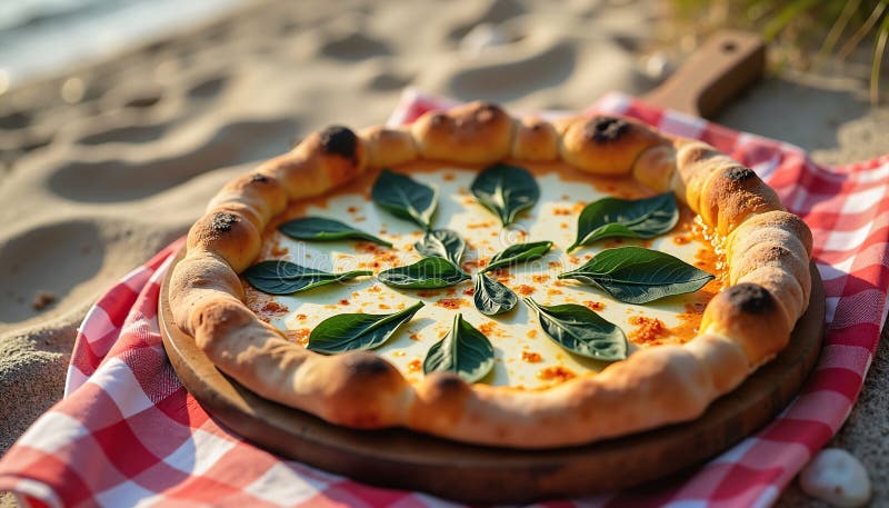 Gourmet Spinach and Ricotta Pizza on Beach, Rustic Summer Picnic ...