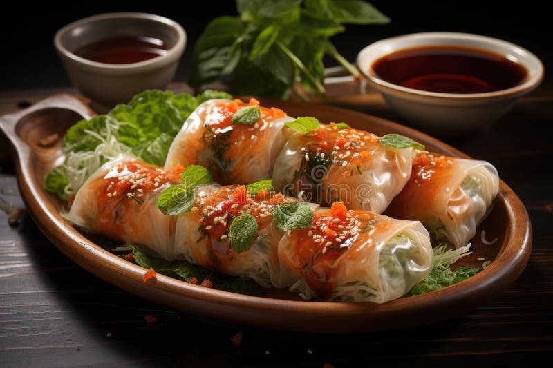 Gourmet Spring Rolls Newly Cooked in Wood Plate with Sauce Generated ...