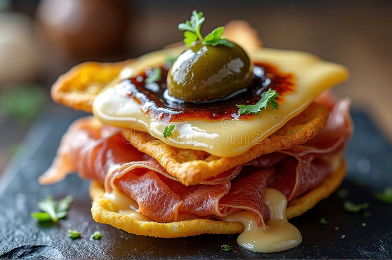 Gourmet Stack with Cheese, Prosciutto, Olive, and Herb Garnish on ...