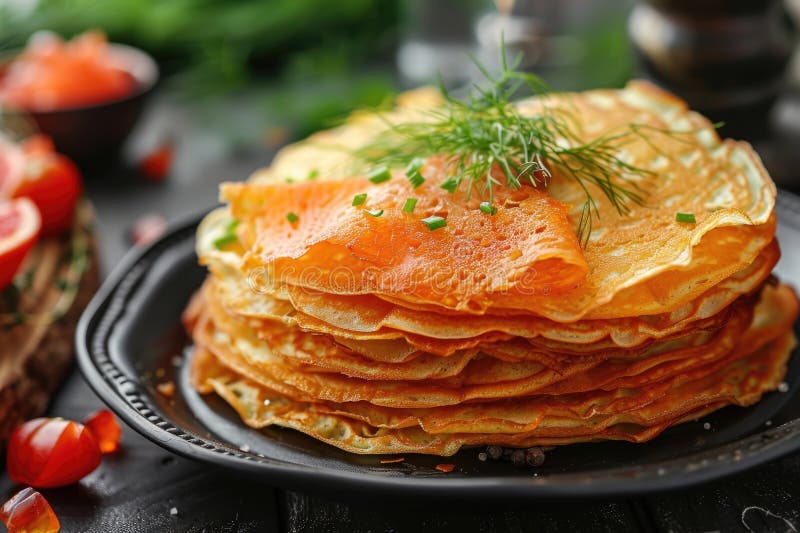 Gourmet Stack of Crepes with Smoked Salmon and Dill on Rustic Wooden ...