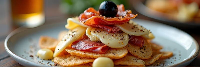 Gourmet Stack of Serrano Ham and Cheese with Black Olive on Crackers ...