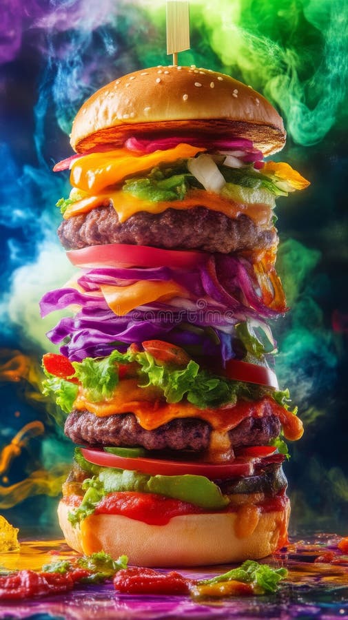 Gourmet Stacked Cheeseburger with Vibrant Smoky Background Stock Image ...