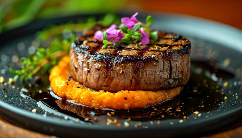 Gourmet Steak on Carrot Puree with Flowers Stock Photo - Image of ...