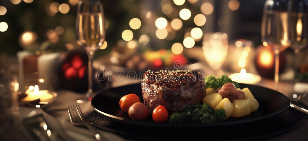 Gourmet Steak Dinner with Festive Decorations and Elegant Table Setting ...