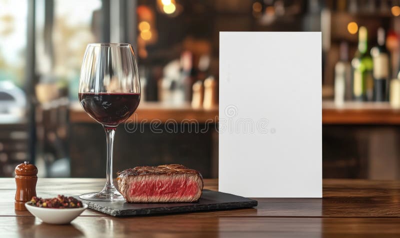 Gourmet Steak with Red Wine and Blank Menu in Upscale Restaurant ...