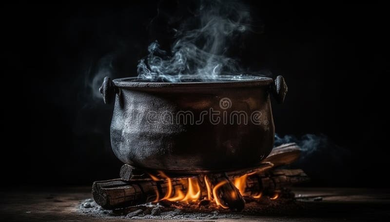 Gourmet Stew Boiling in Old Cauldron Over Fire Generated by AI Stock ...