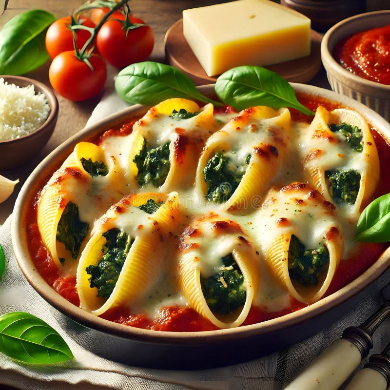 Gourmet Stuffed Pasta Shells with Cheese Sauce Stock Illustration ...