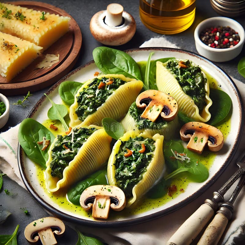Gourmet Stuffed Pasta Shells with Spinach and Mushrooms Stock ...