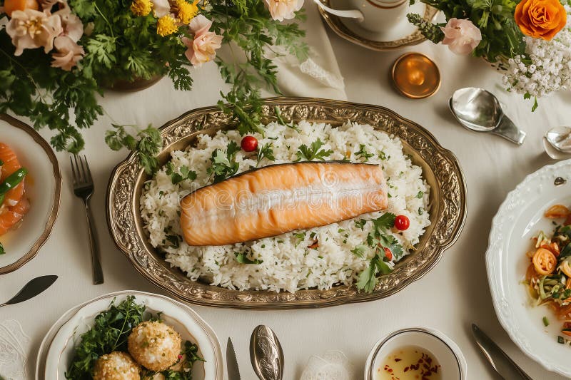 Gourmet Table Setting with a Centerpiece of Exquisite Salmon and Rice ...