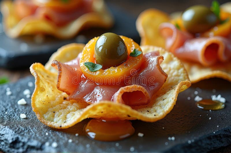 Gourmet Tapas: Crisp Tortilla with Cured Ham, Apricot, Olive, and Herbs ...