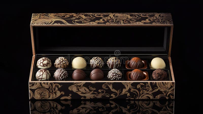 A Gourmet Truffle Set in a Decorative Box on a Black Background, Space ...