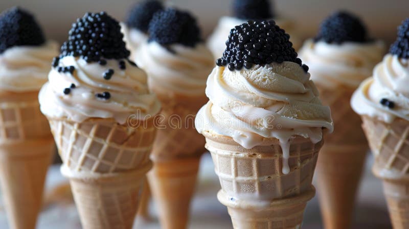 Gourmet Vanilla Ice Cream Cones Adorned with Black Caviar Stock Image ...