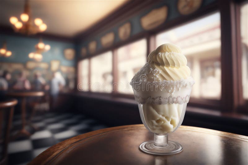 Gourmet Vanilla Ice Cream in Glass Bowl on Ice Cream Parlor Table. AI ...