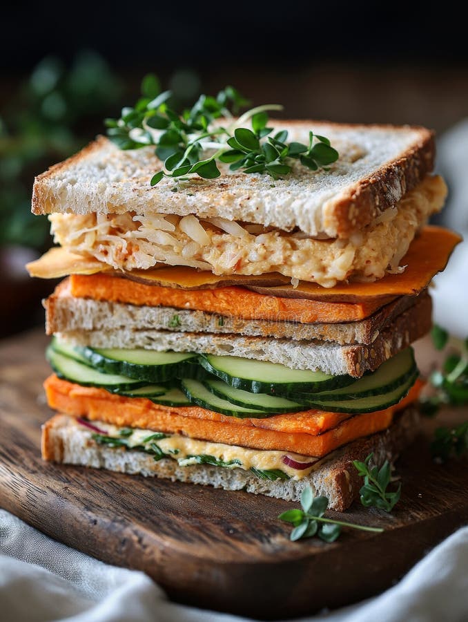 Gourmet Vegetable Sandwich Stack with Cheese and Microgreens on Rustic ...