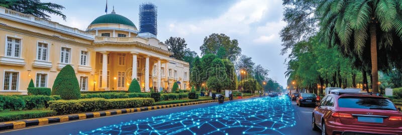Government Building Enveloped in a Symbolic Blue Digital Network ...