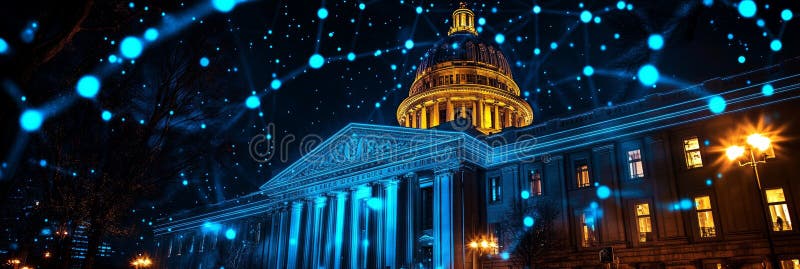 Government Building Illuminated with Blue Network Pattern, Symbolizing ...
