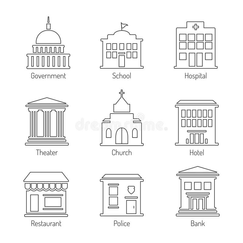 Government Building Outline Icons Set Stock Vector - Illustration of ...