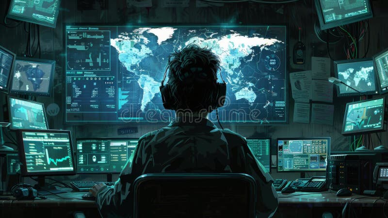 In Government Cyber Intelligence Command Center, Computer and Headset ...